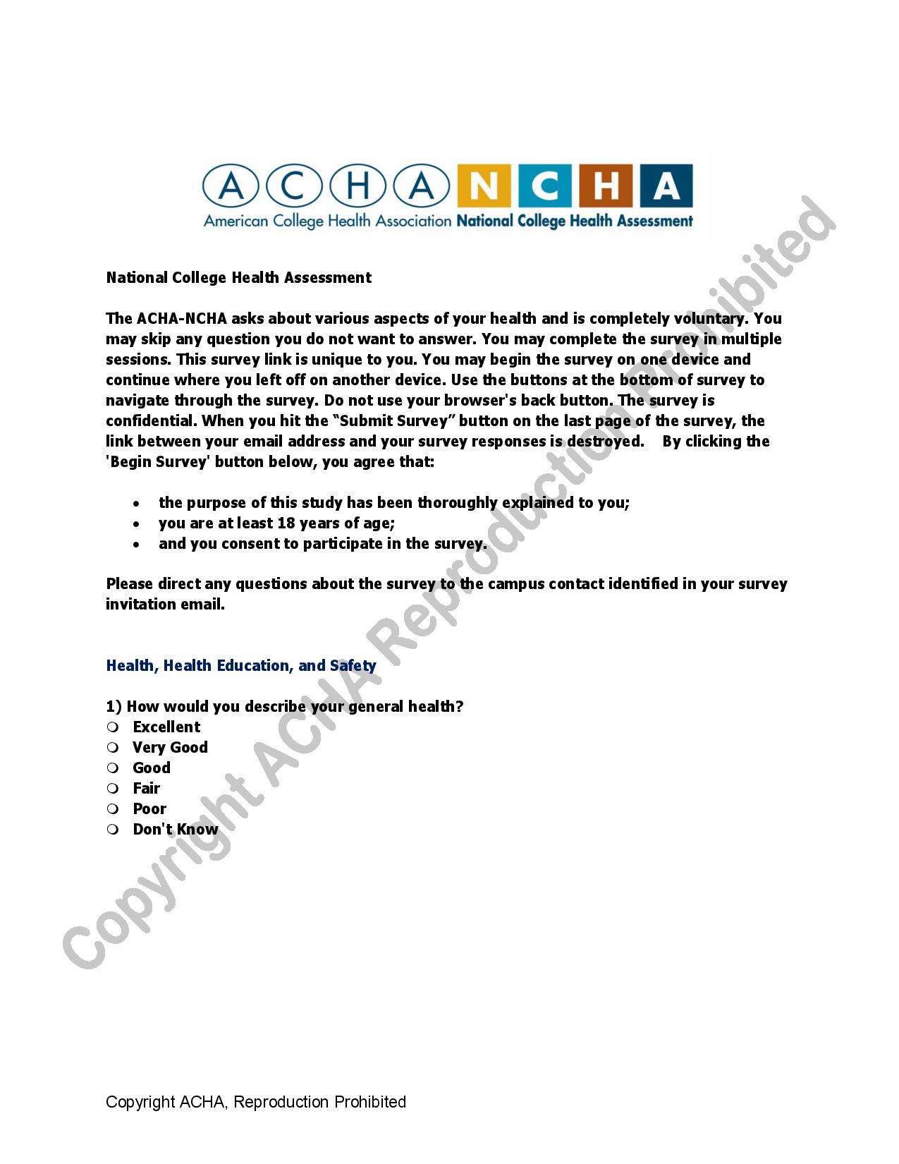 ACHA-NCHA Core Questions #1-66 | Student Affairs