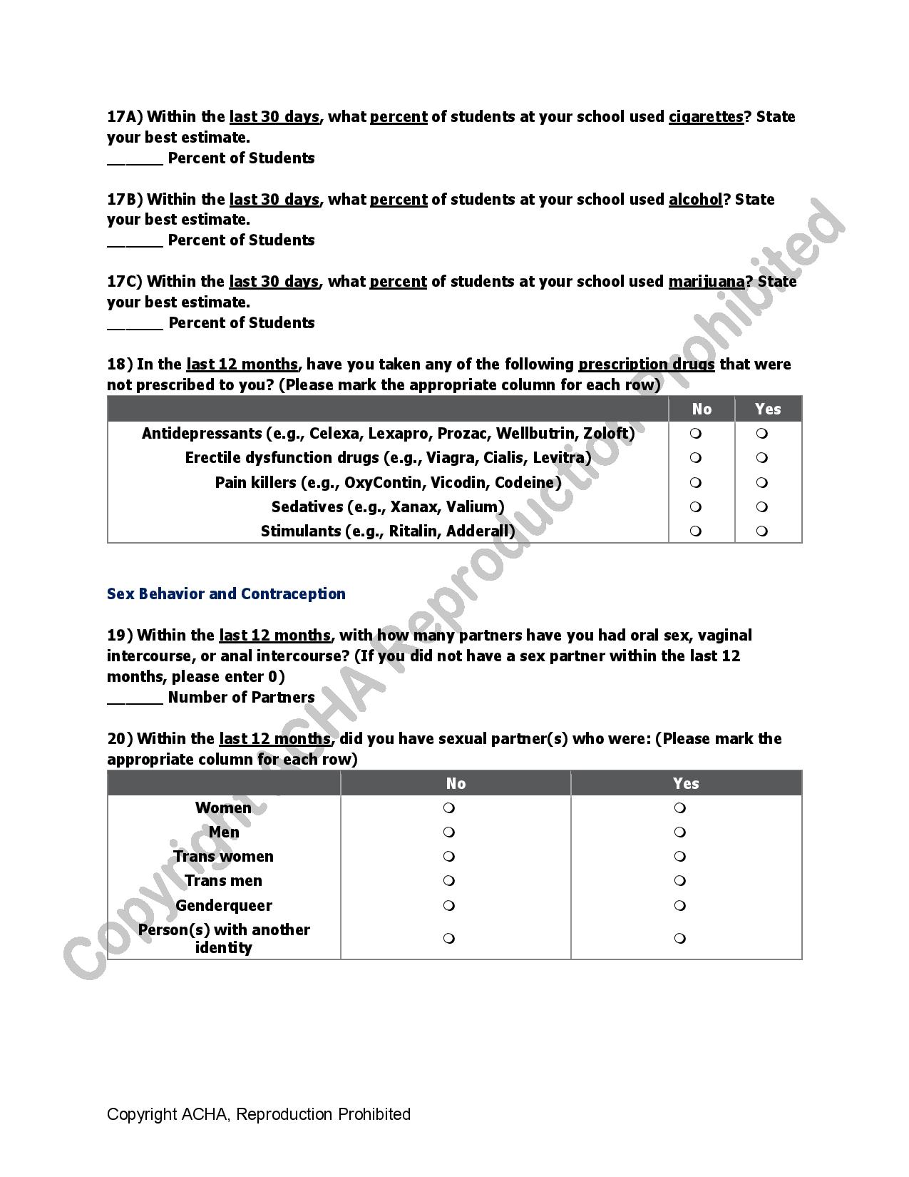 ACHA-NCHA Core Questions #1-66 | Student Affairs